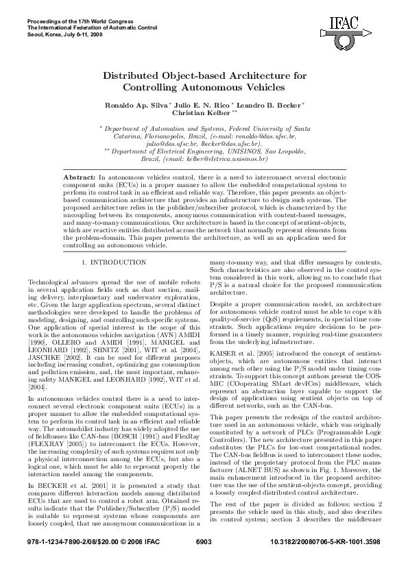 Pdf Distributed Object Based Architecture For Controlling Autonomous Vehicles Julio Elias