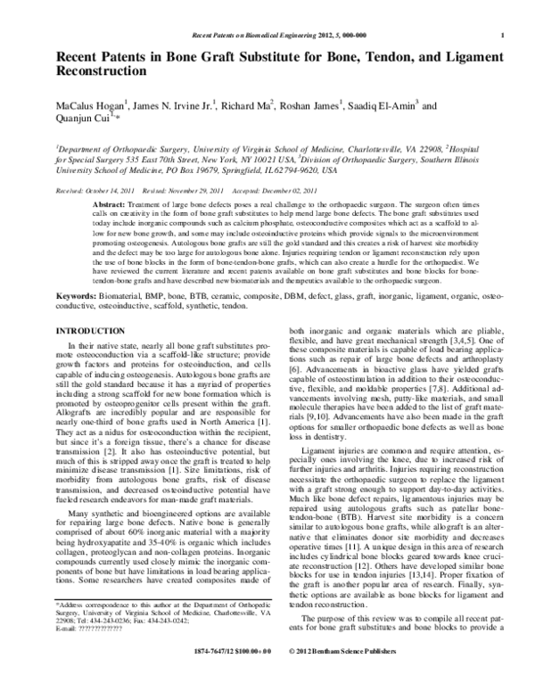 (PDF) Recent Patents in Bone Graft Substitute for Bone, Tendon, and ...