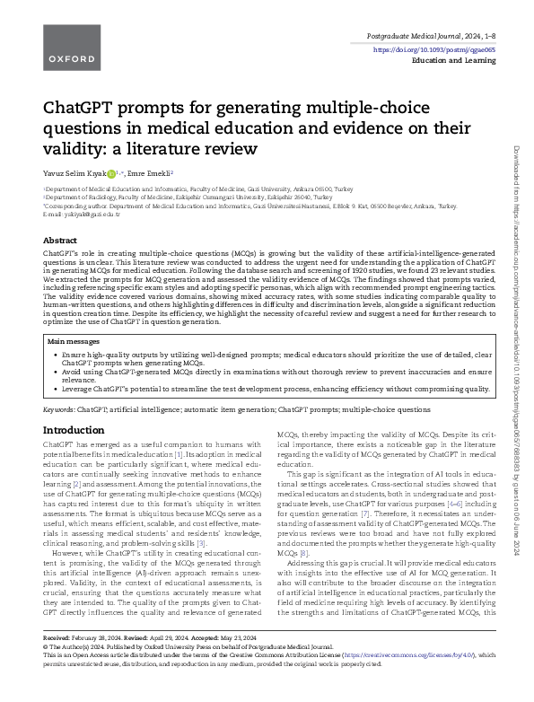 (PDF) ChatGPT prompts for generating multiple-choice questions in medical education and evidence ...