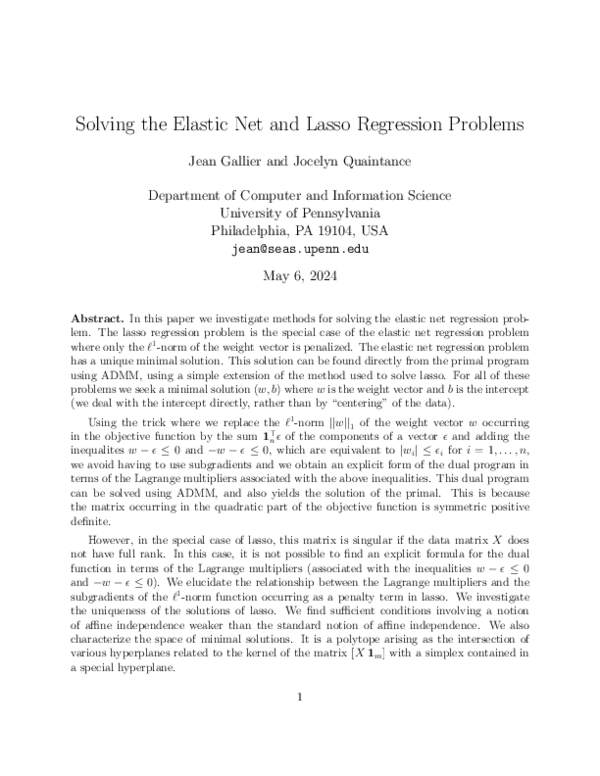 (PDF) Solving the Elastic Net and Lasso Regression Problems
