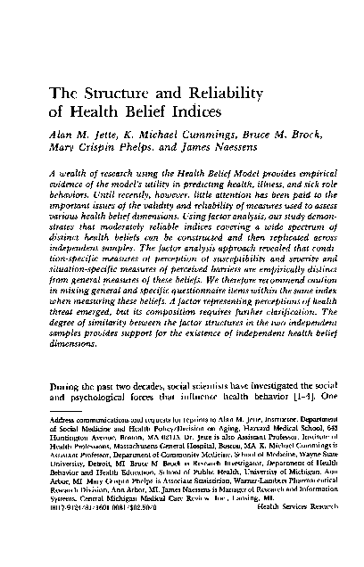 (PDF) Reliability and Structure of Health Belief Indices