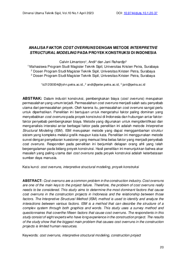 (PDF) Analisa Faktor Cost Overruns Dengan Metode Interpretive Structural Modelling Pada Beberapa ...