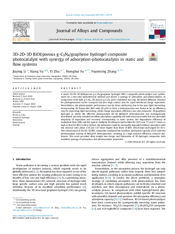 (PDF) 3D-2D-3D BiOI/porous g-C3N4/graphene hydrogel composite ...