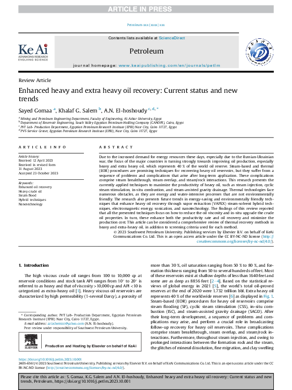 (PDF) Enhanced heavy and extra heavy oil recovery: Current status and ...