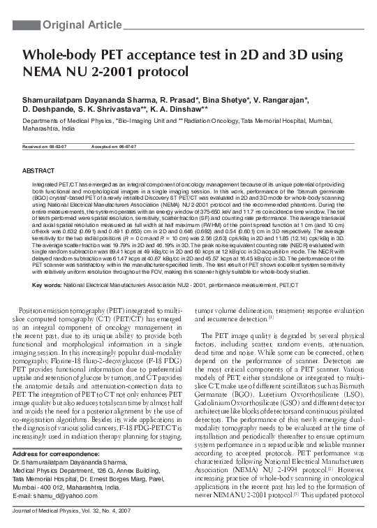 (PDF) Whole-body PET acceptance test in 2D and 3D using NEMA NU 2-2001 ...