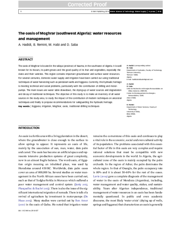 (PDF) The oasis of Moghrar (southwest Algeria): water resources and ...