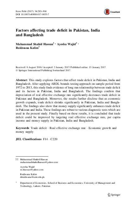 (PDF) Factors affecting trade deficit in Pakistan, India and Bangladesh