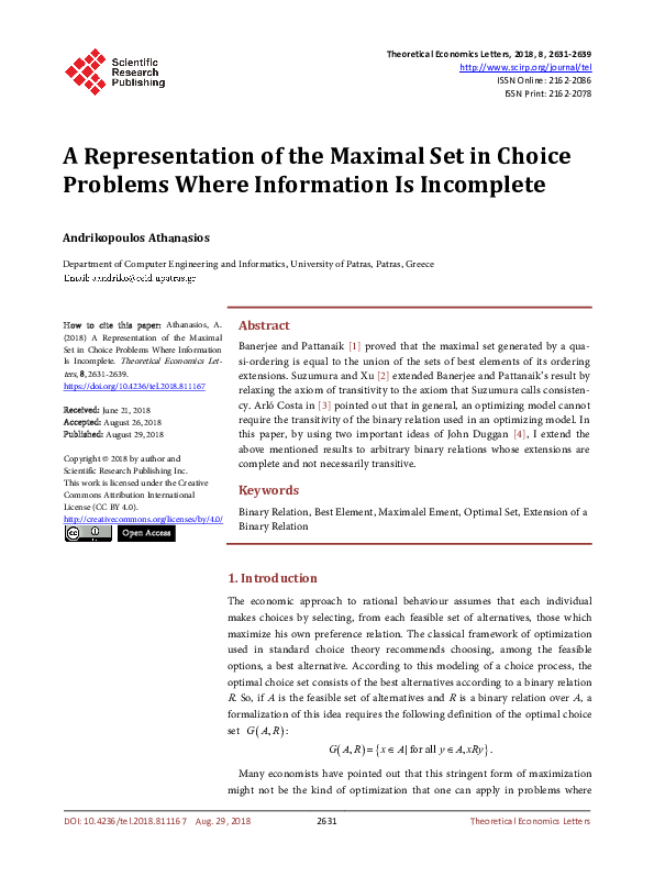 (PDF) A Representation of the Maximal Set in Choice Problems Where Information Is Incomplete