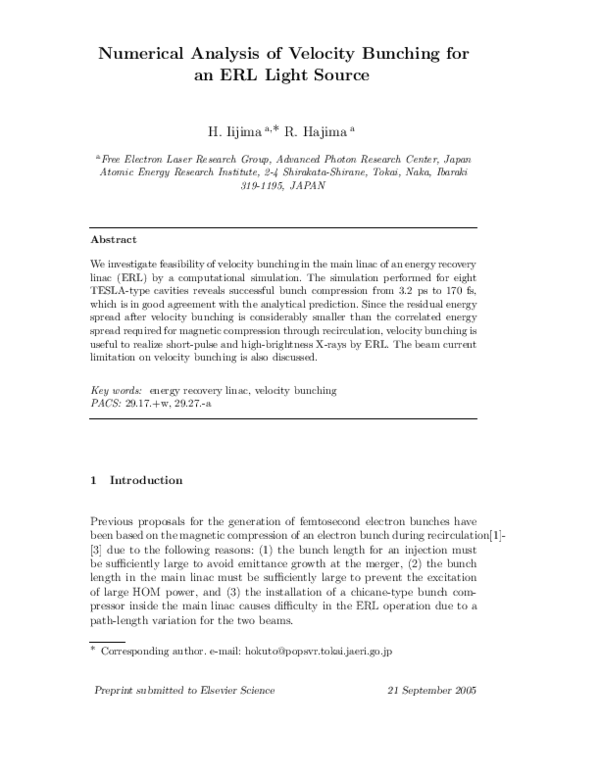 (PDF) Numerical analysis of velocity bunching for an ERL light source