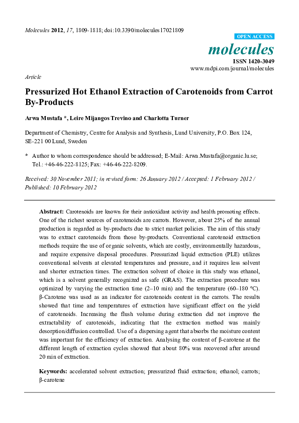 (PDF) Pressurized Hot Ethanol Extraction of Carotenoids from Carrot By ...