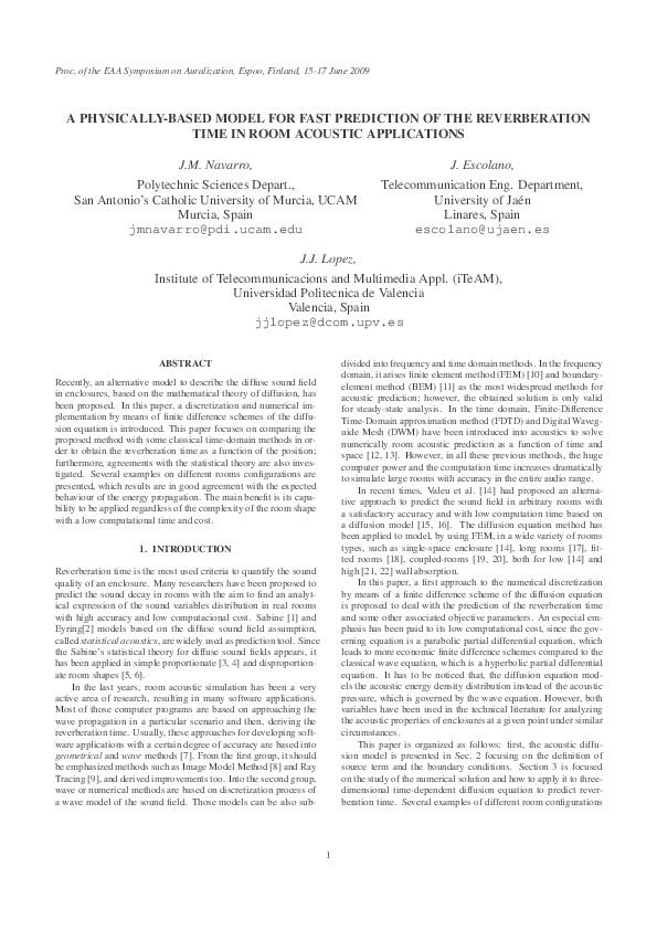 Pdf A Physically Based Model For Fast Prediction Of The Reverberation Time In Room Acoustic