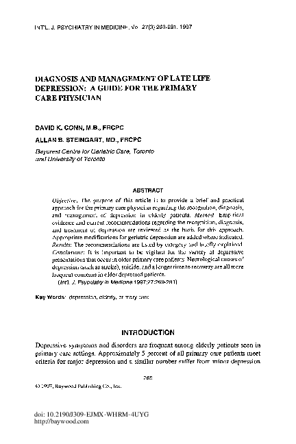 (PDF) Diagnosis and Management of Late Life Depression: A Guide for the ...