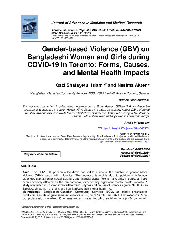 (PDF) Gender-based Violence (GBV) on Bangladeshi Women and Girls during COVID-19 in Toronto ...