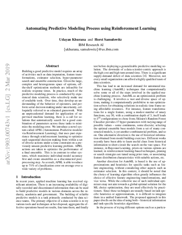 (PDF) Automating Predictive Modeling Process using Reinforcement Learning