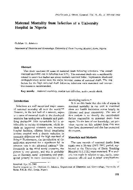 (PDF) Maternal Mortality from Infection at a University Hospital in Nigeria