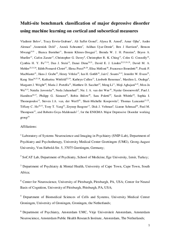 (PDF) Multi-site benchmark classification of major depressive disorder using machine learning on ...