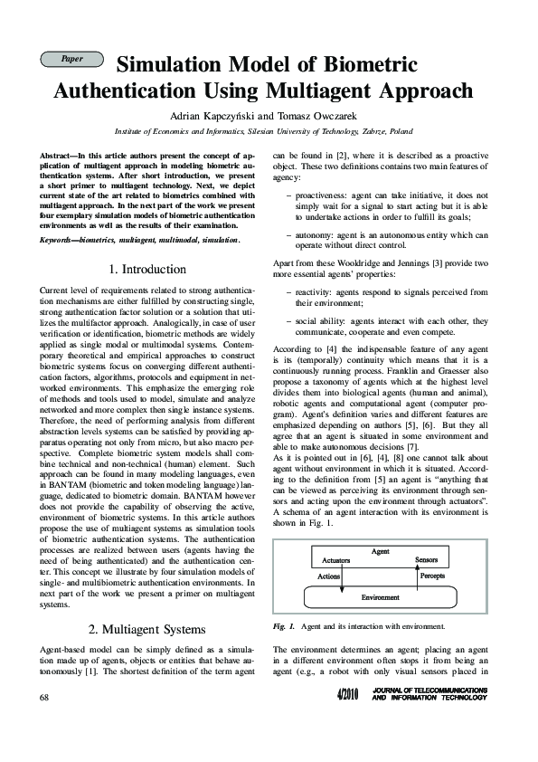 (PDF) Simulation Model of Biometric Authentication Using Multiagent Approach