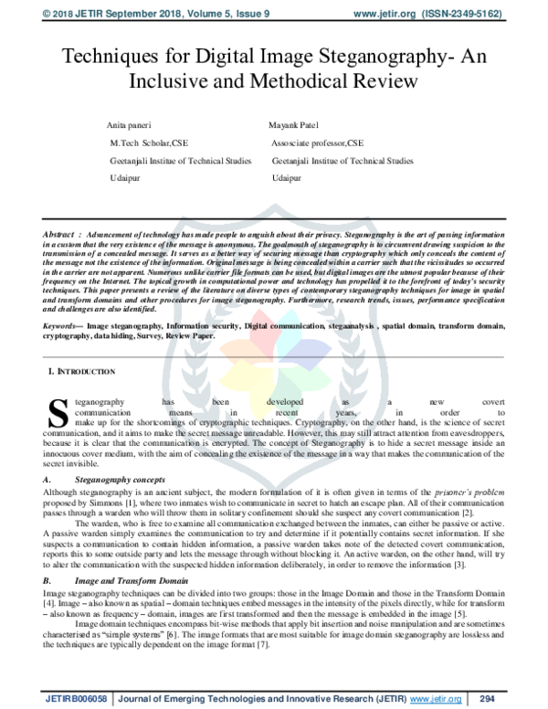 (PDF) Techniques for Digital Image Steganography- An Inclusive and Methodical Review