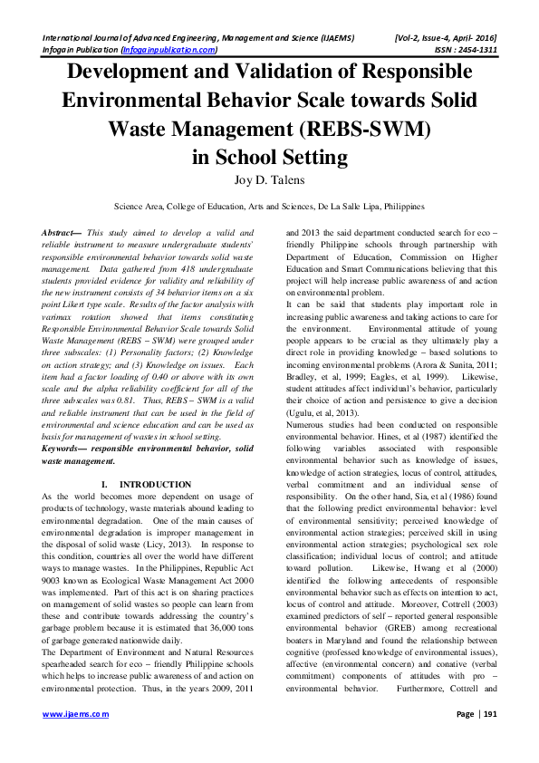(PDF) Development and Validation of Responsible Environmental Behavior Scale towards Solid Waste ...