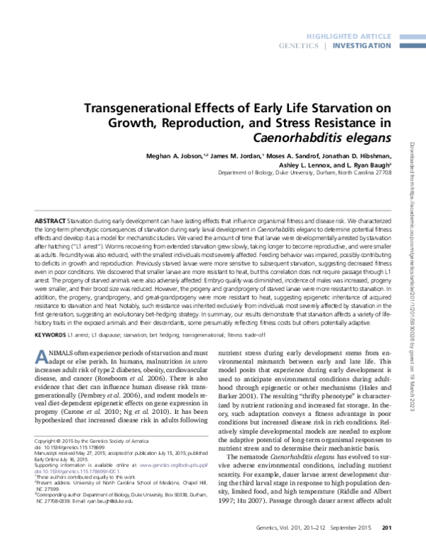 (PDF) Transgenerational Effects of Early Life Starvation on Growth ...
