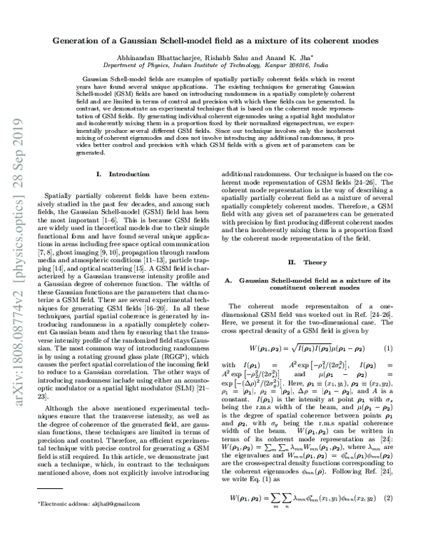 (PDF) Generation of a Gaussian Schell-model field as a mixture of its coherent modes | RISHABH ...