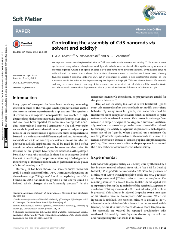 (PDF) Controlling the assembly of CdS nanorods via solvent and acidity