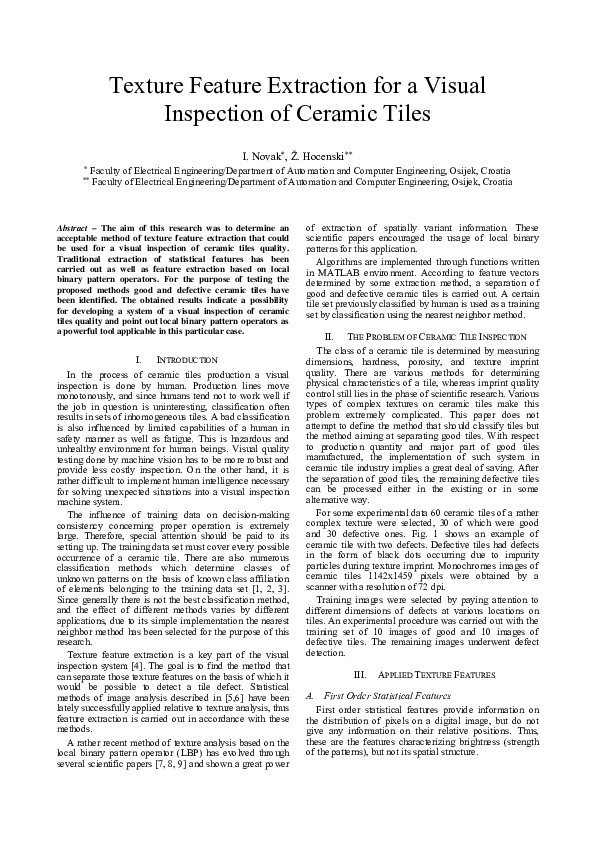 (PDF) Texture feature extraction for a visual inspection of ceramic tiles
