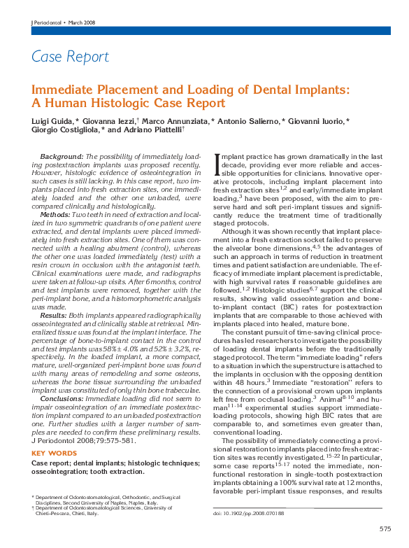 (PDF) Immediate Placement and Loading of Dental Implants: A Human Histologic Case Report