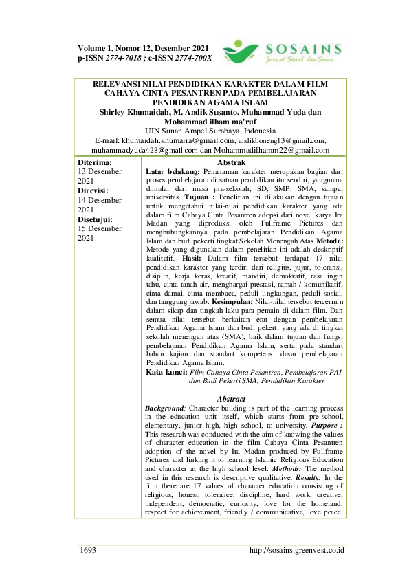 (PDF) Relevansi Nilai Pendidikan Karakter dalam Film Cahaya Cinta ...