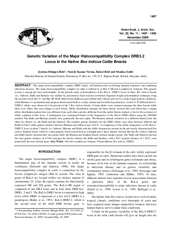 (PDF) Genetic Variation of the Major Histocompatibility Complex DRB3.2 ...