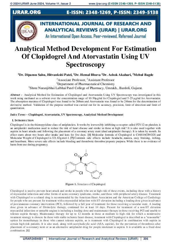 (PDF) Analytical Method Development For Estimation Of Clopidogrel And Atorvastatin Using UV ...