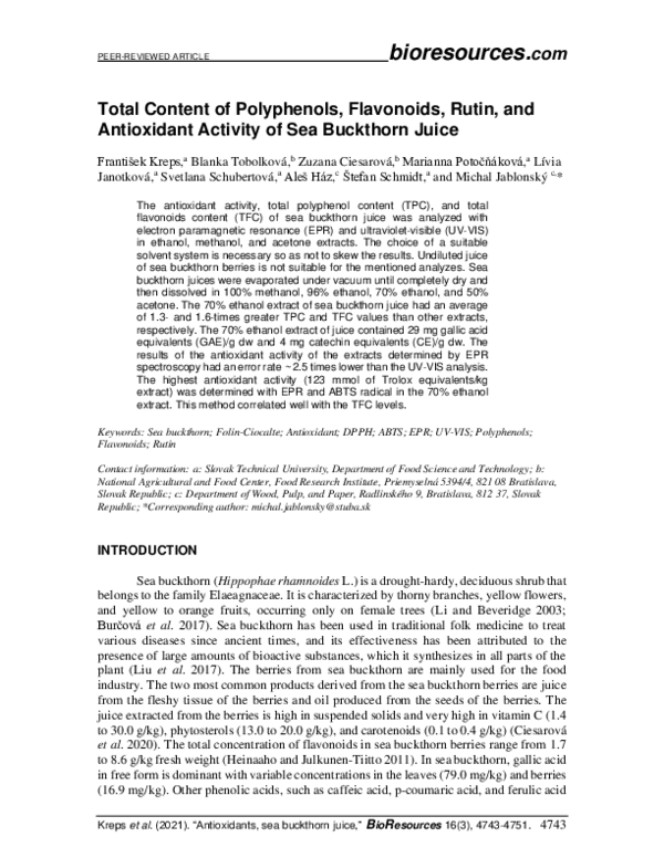 (PDF) Total content of polyphenols, flavonoids, rutin, and antioxidant activity of sea buckthorn ...