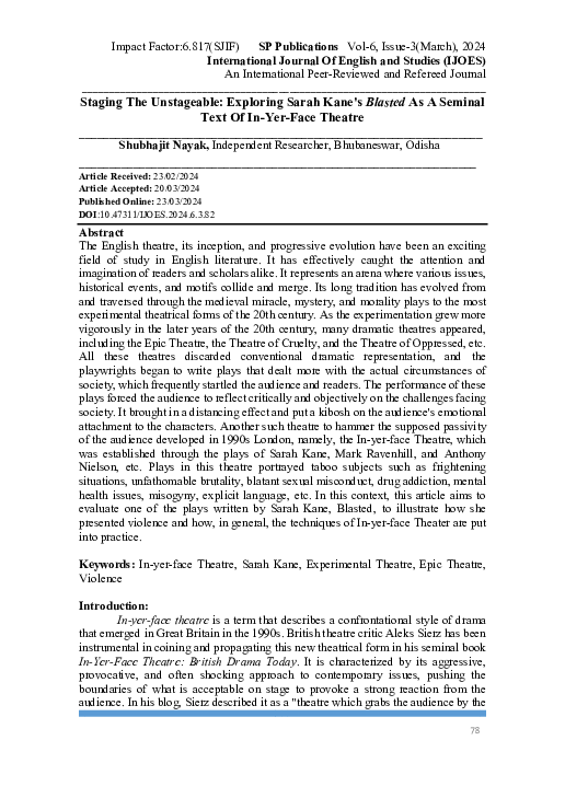 (PDF) Staging The Unstageable: Exploring Sarah Kane's Blasted As A Seminal Text Of In-Yer-Face ...