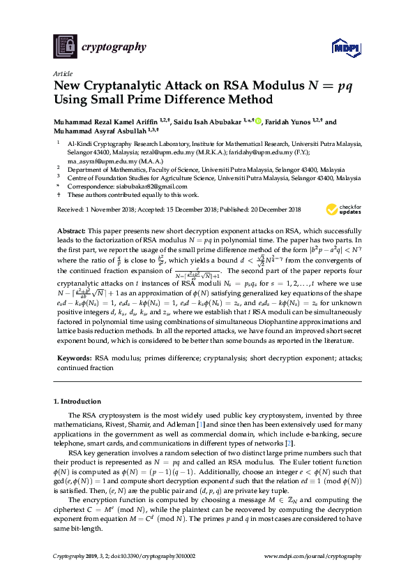 (PDF) New Cryptanalytic Attack on RSA Modulus N=pq Using Small Prime Difference Method