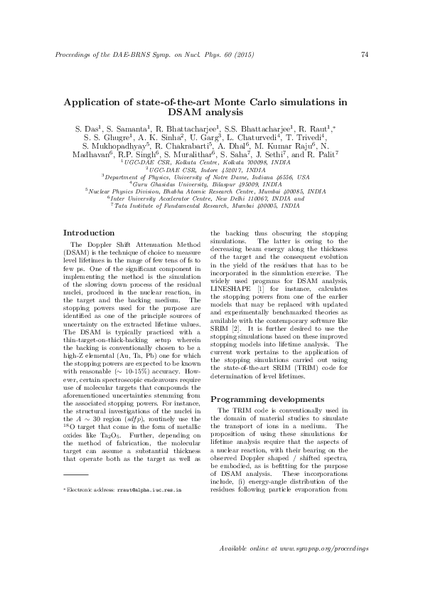 (PDF) Application of state-of-the-art Monte Carlo simulations in DSAM analysis