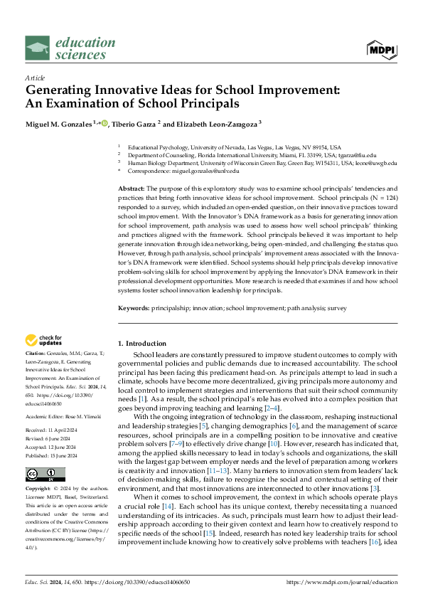 (PDF) Generating Innovative Ideas for School Improvement: An Examination of School Principals