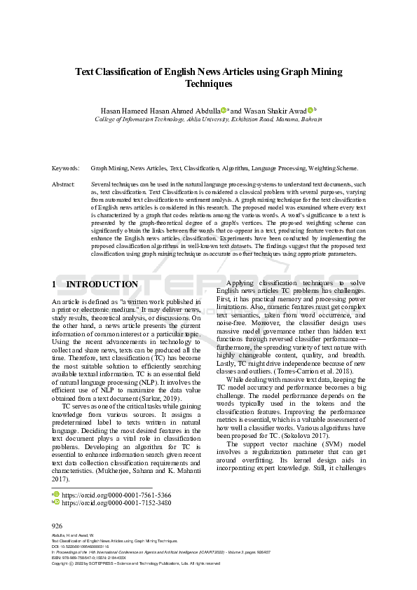 (PDF) Text Classification of English News Articles using Graph Mining Techniques