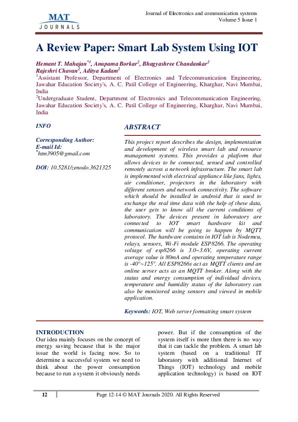 (PDF) A Review Paper: Smart Lab System Using IOT