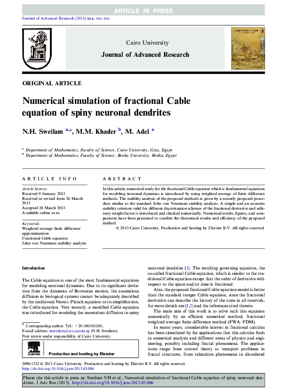 Pdf Numerical Simulation Of Fractional Cable Equation Of Spiny Neuronal Dendrites
