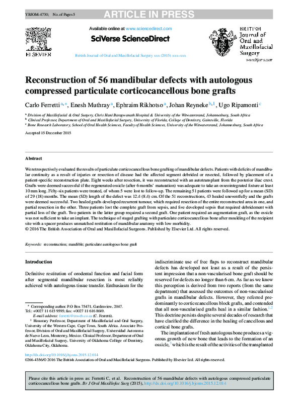 (PDF) Reconstruction of 56 mandibular defects with autologous ...