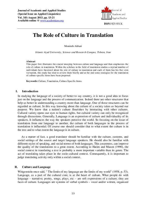 (PDF) The Role of Culture in Translation
