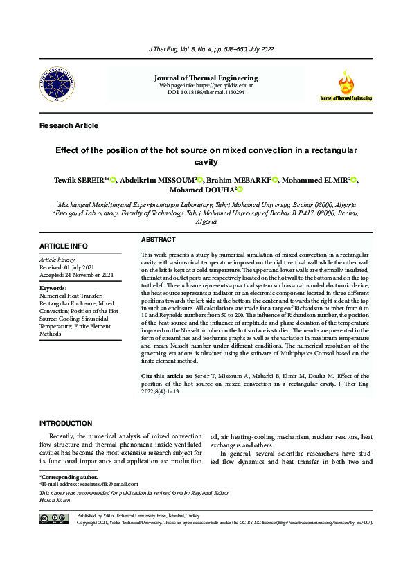 (PDF) Effect of the position of the hot source on mixed convection in a rectangular cavity