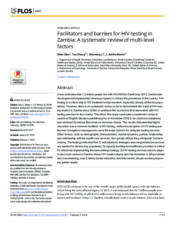 (PDF) Facilitators and barriers for HIV-testing in Zambia: A systematic ...