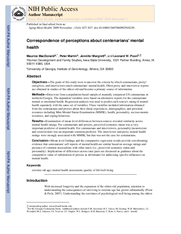 (PDF) Correspondence of perceptions about centenarians’ mental health