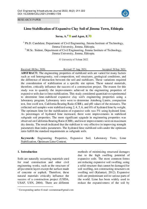 (PDF) Lime Stabilization of Expansive Clay Soil of Jimma Town, Ethiopia