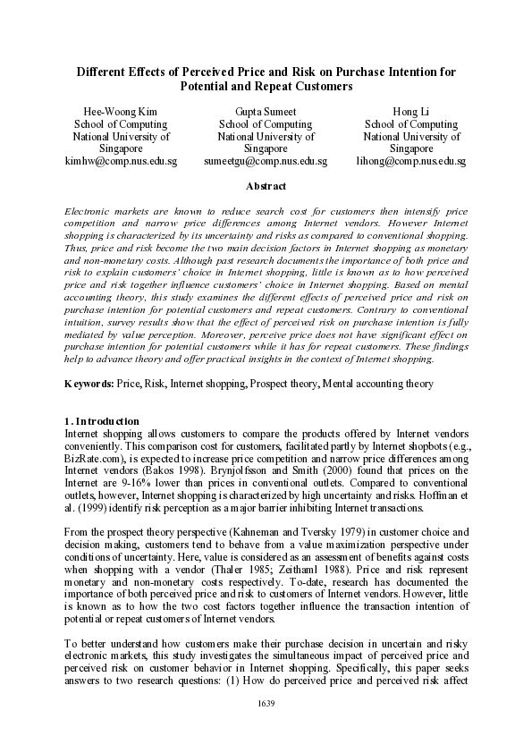 (PDF) Different Effects of Perceived Price and Risk on Purchase ...