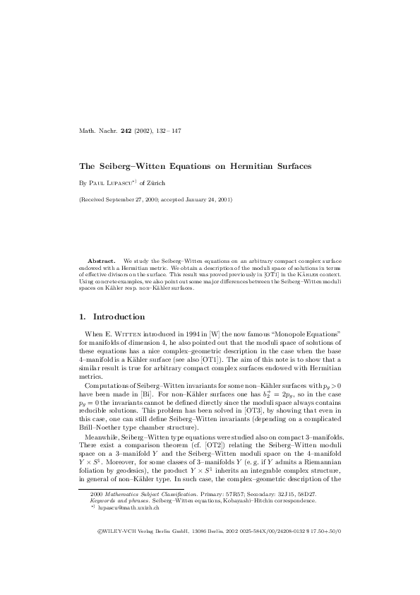 (PDF) The Seiberg-Witten Equations on Hermitian Surfaces