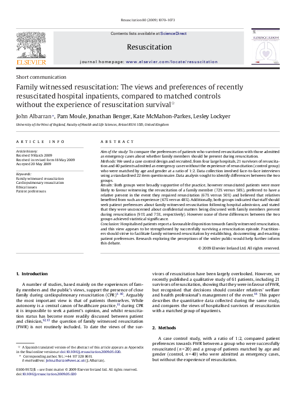 (PDF) Family witnessed resuscitation: The views and preferences of ...