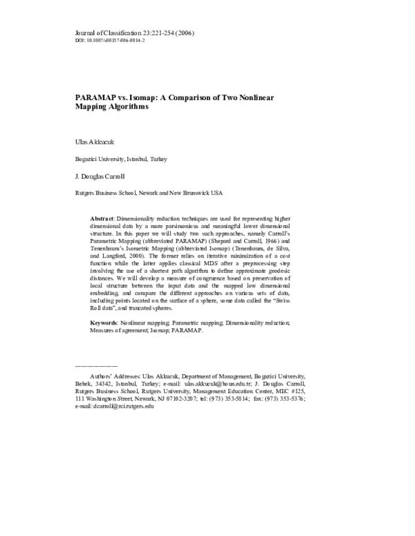 Pdf Paramap Vs Isomap A Comparison Of Two Nonlinear Mapping Algorithms
