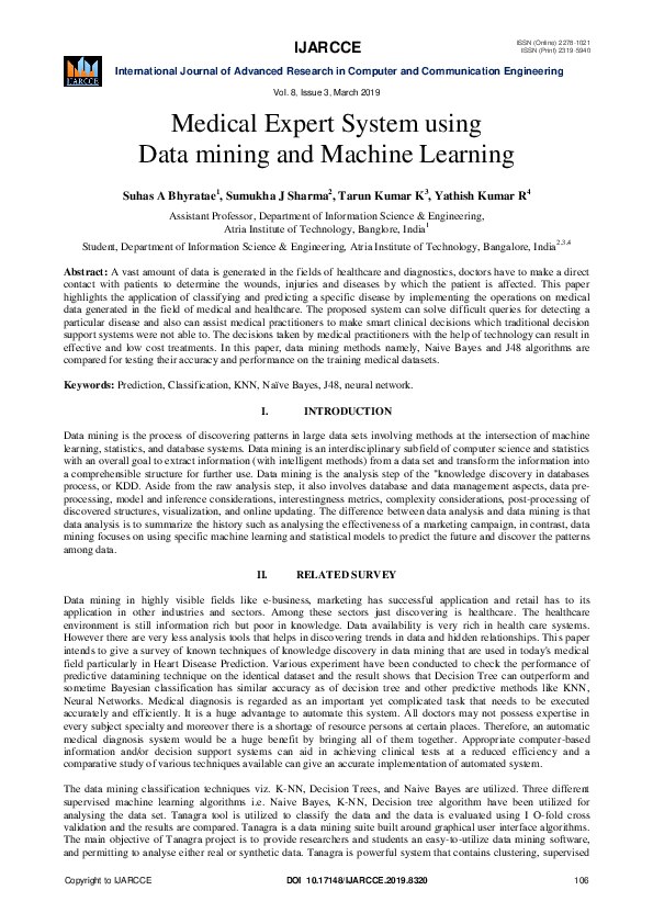 (PDF) Medical Expert System using Data mining and Machine Learning